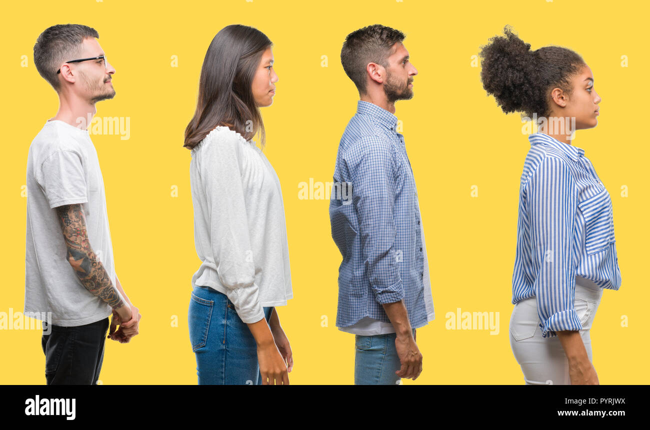 Collage of group people, women and men over colorful yellow isolated ...
