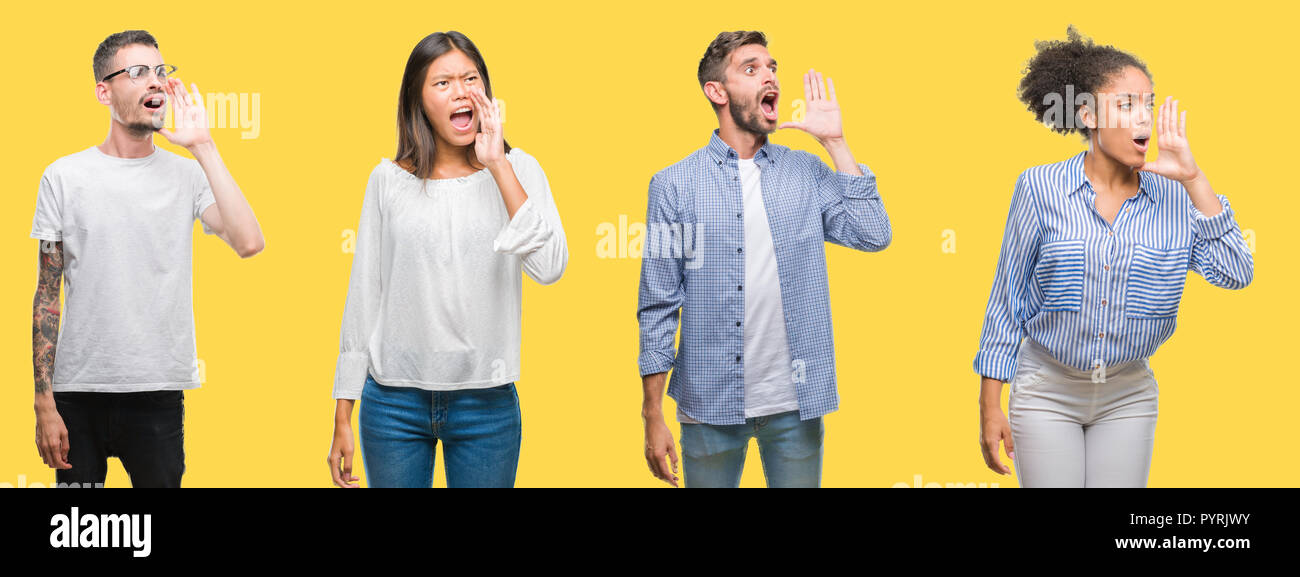 Collage of group people, women and men over colorful yellow isolated ...