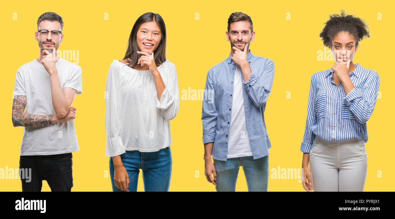 Collage of group people, women and men over colorful yellow isolated ...
