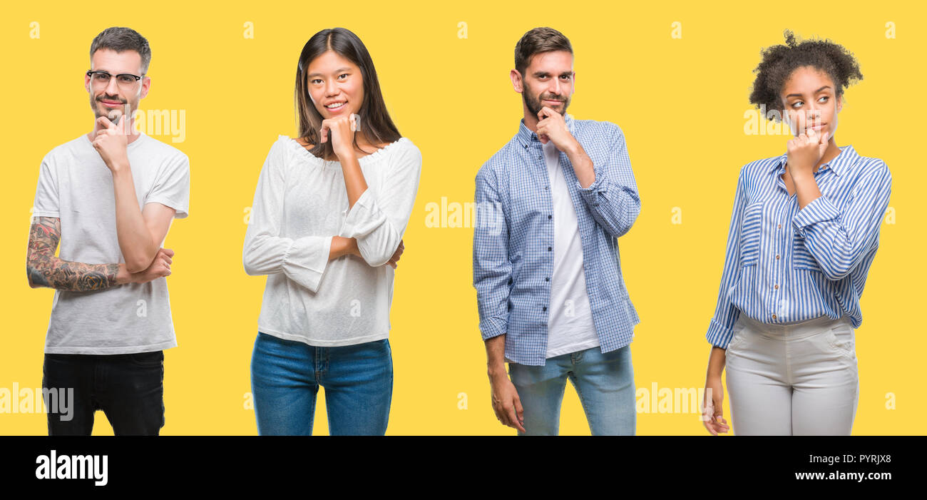 Collage of group people, women and men over colorful yellow isolated ...