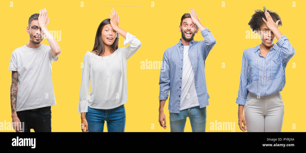 Collage of group people, women and men over colorful yellow isolated ...