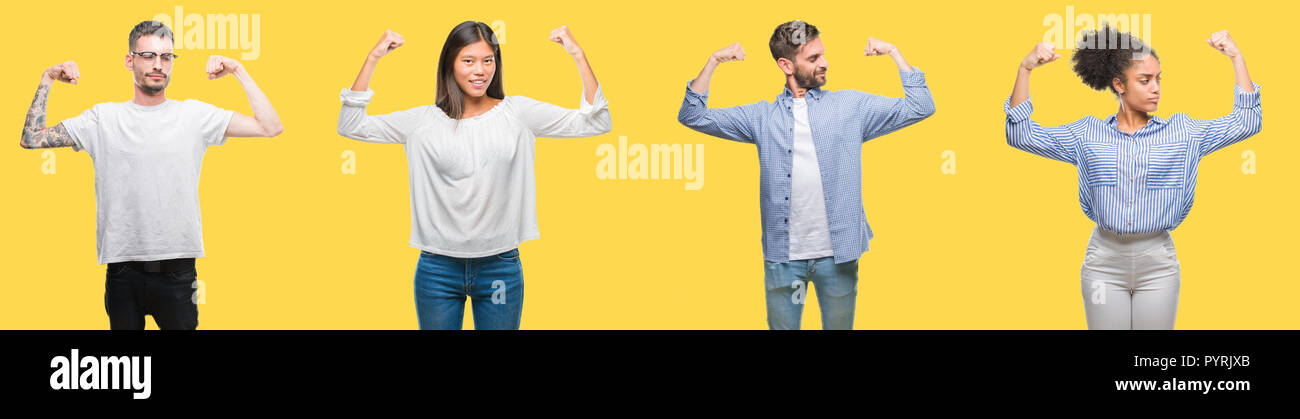 Collage of group people, women and men over colorful yellow isolated ...