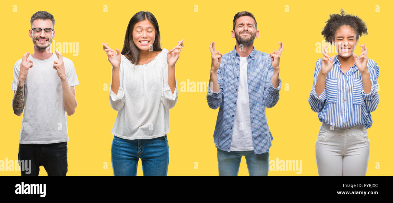 Collage of group people, women and men over colorful yellow isolated ...