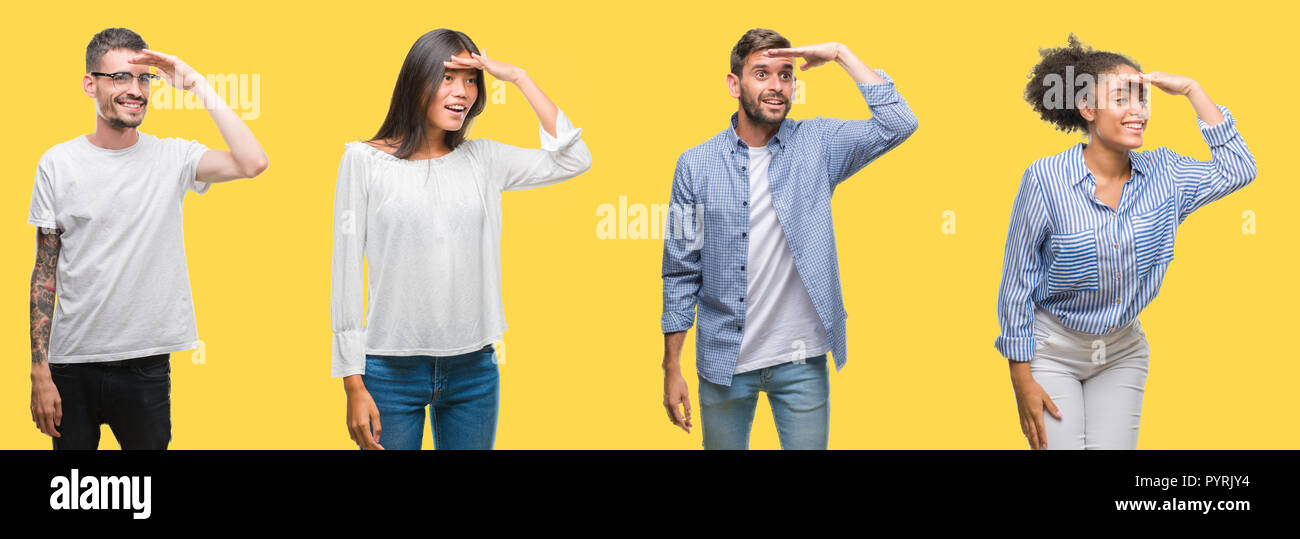 Collage of group people, women and men over colorful yellow isolated ...