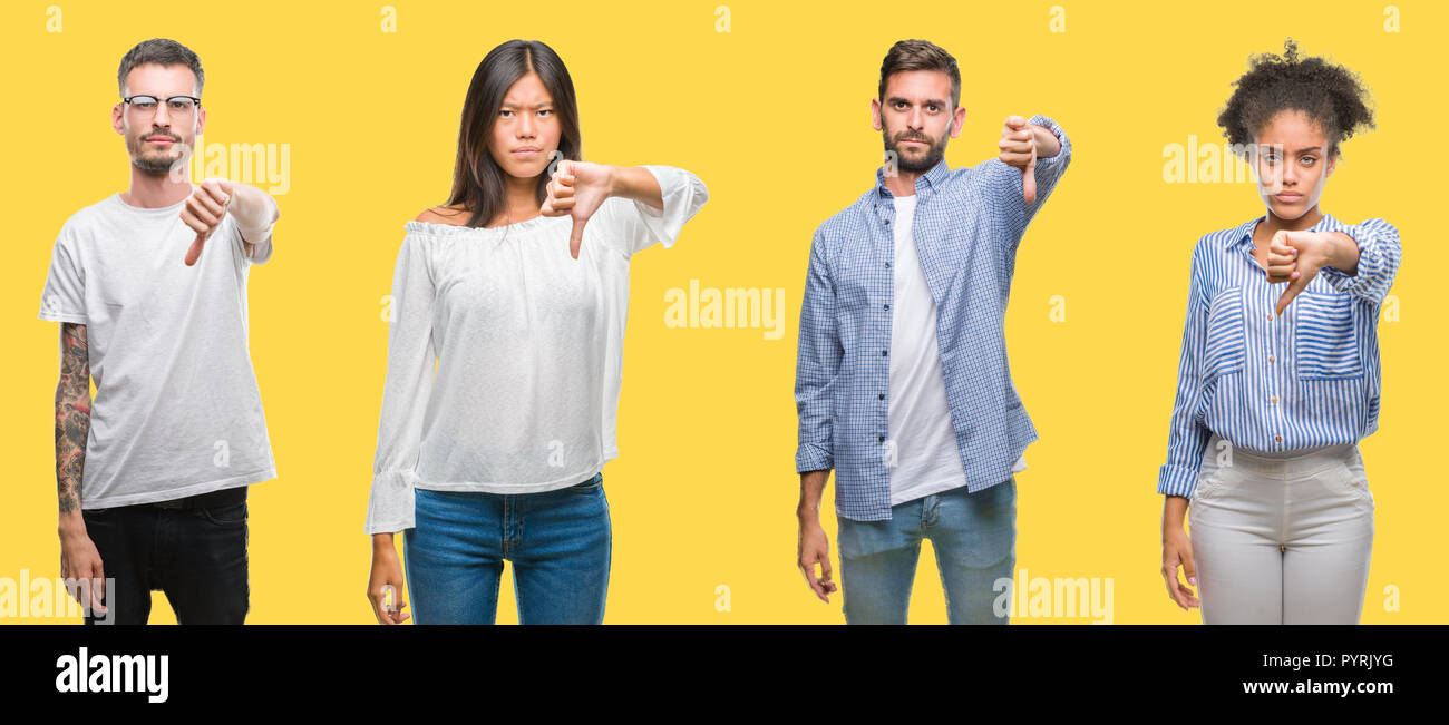 Collage of group people, women and men over colorful yellow isolated ...