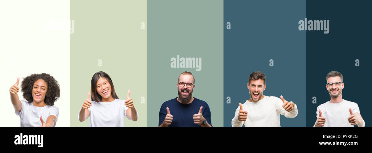 Collage of group of young people over colorful isolated background ...