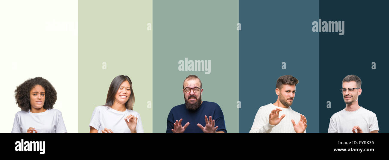 Collage of group of young people over colorful isolated background ...
