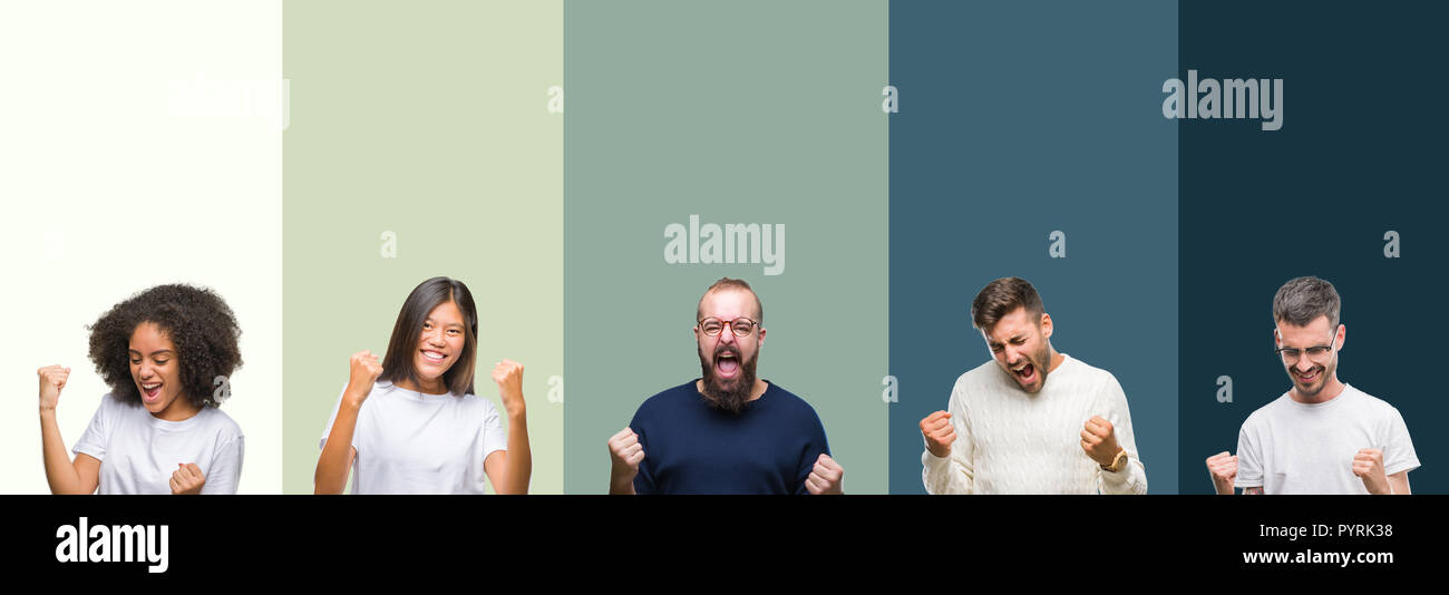 Collage of group of young people over colorful isolated background very ...