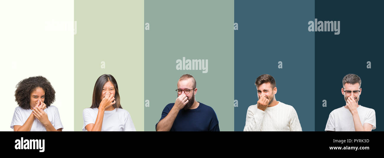 Collage of group of young people over colorful isolated background ...