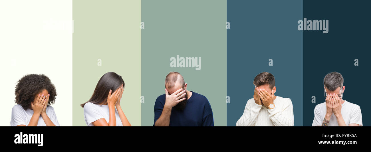 Collage of group of young people over colorful isolated background with ...