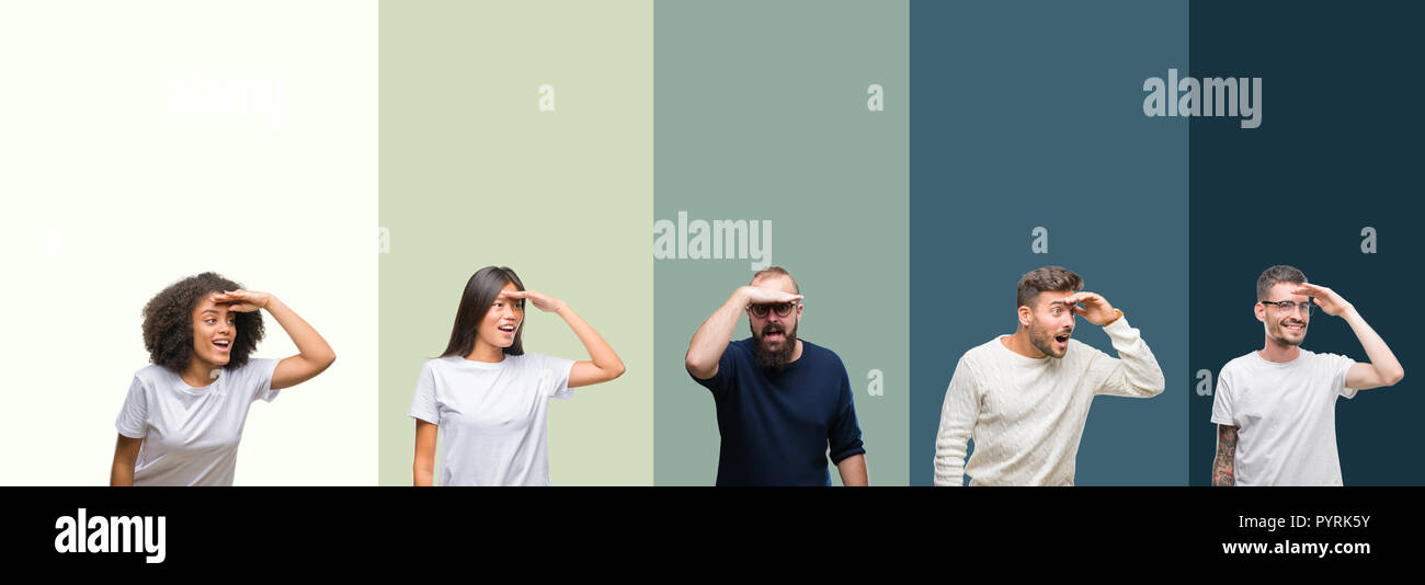 Collage of group of young people over colorful isolated background very ...