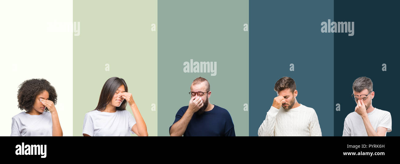 Collage of group of young people over colorful isolated background ...