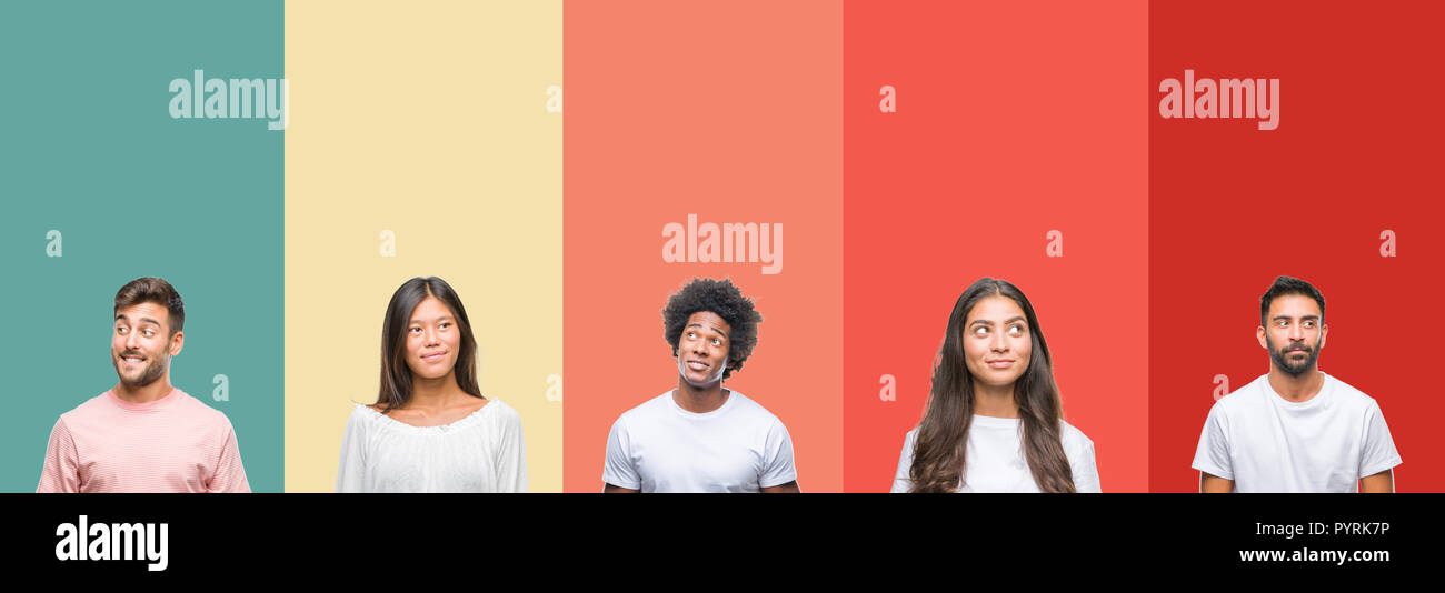 Collage of different ethnics young people over colorful stripes ...