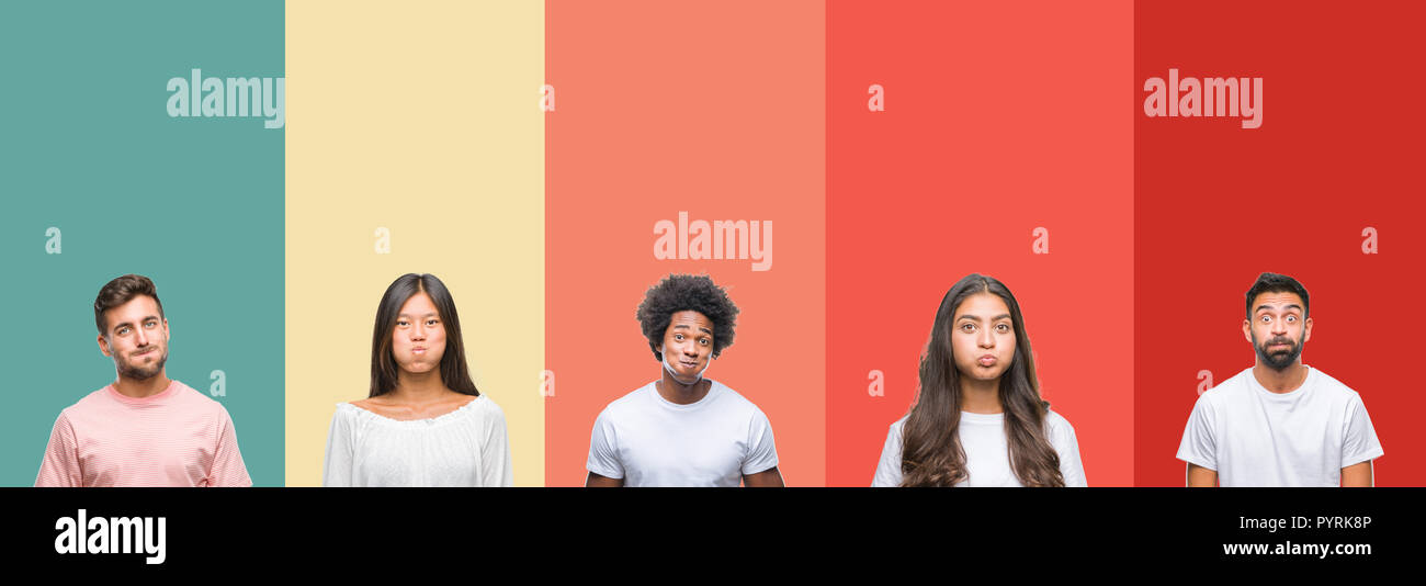 Collage of different ethnics young people over colorful stripes ...