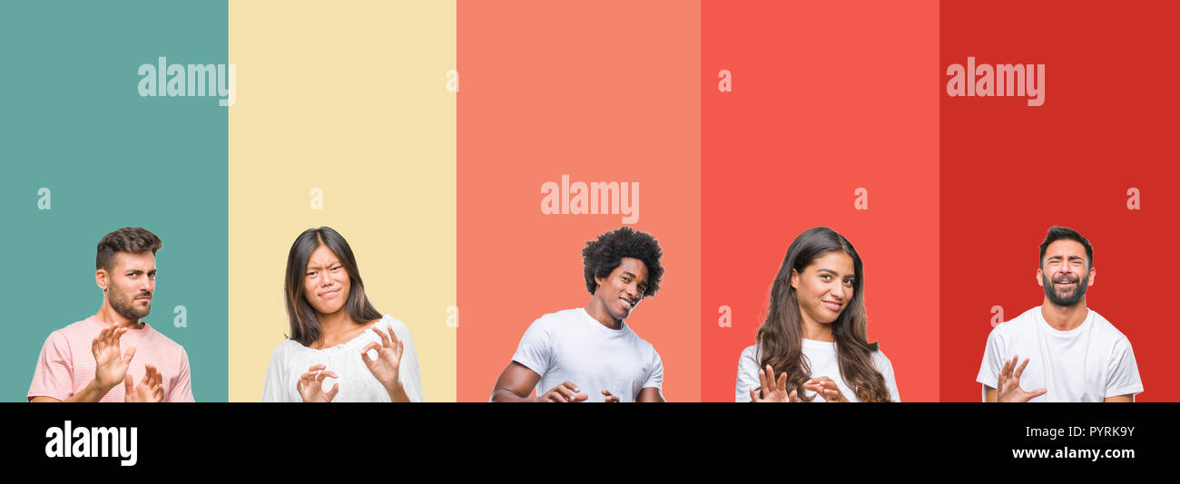 Collage of different ethnics young people over colorful stripes ...