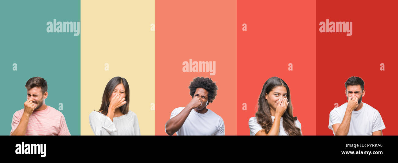 Collage of different ethnics young people over colorful stripes ...