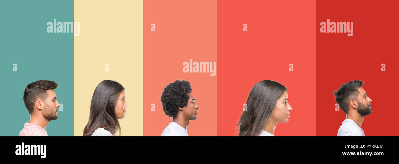 Collage of different ethnics young people over colorful stripes ...