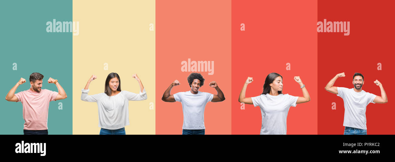 Collage of different ethnics young people over colorful stripes ...