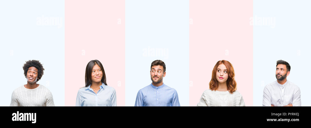 Collage of group of young people over colorful isolated background ...