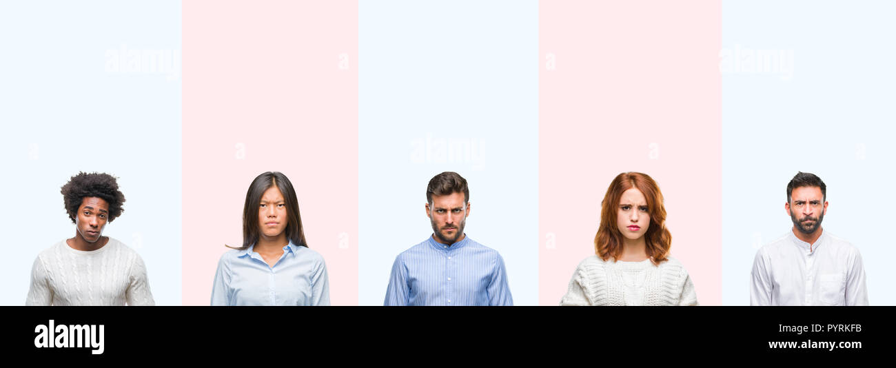 Collage of group of young people over colorful isolated background ...