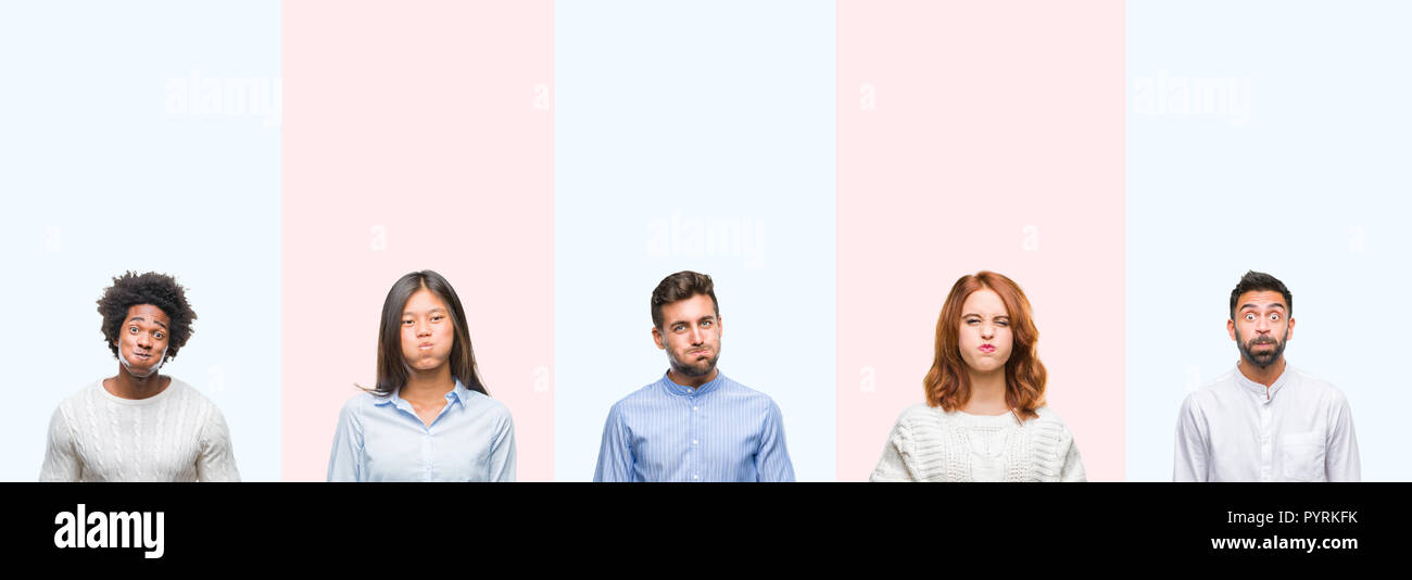 Collage of group of young people over colorful isolated background ...