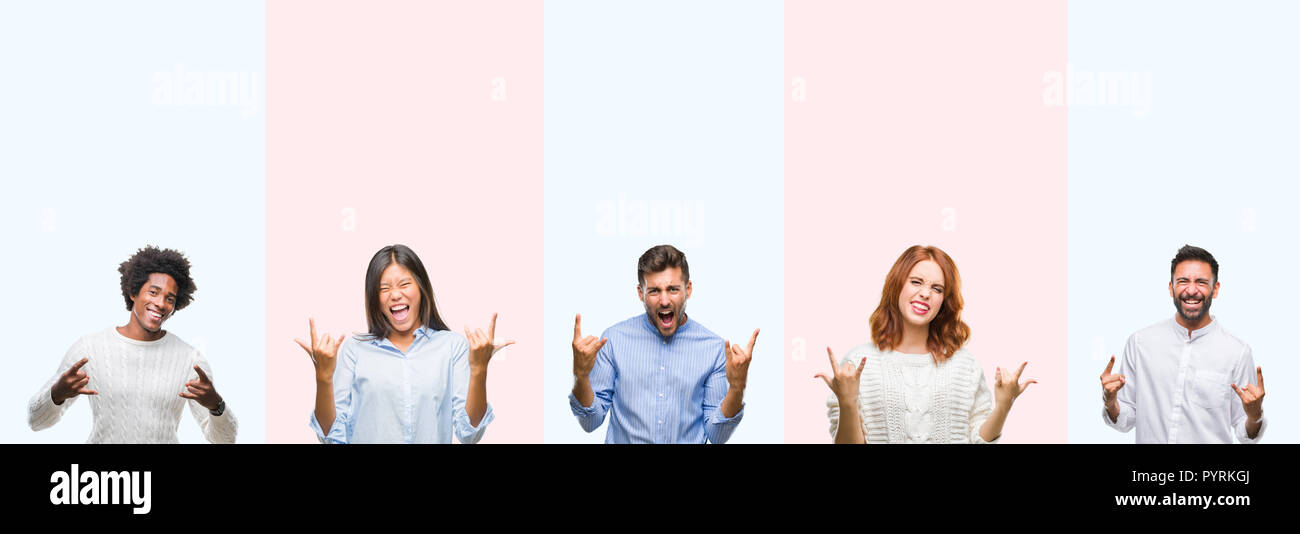 Collage of group of young people over colorful isolated background ...