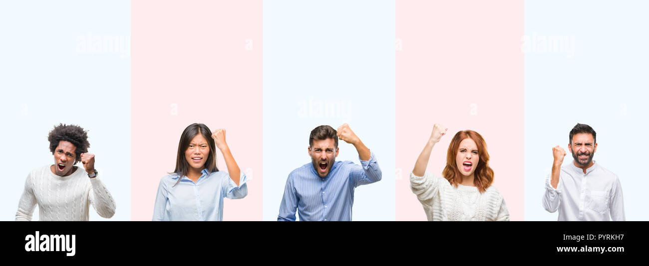 Collage of group of young people over colorful isolated background ...