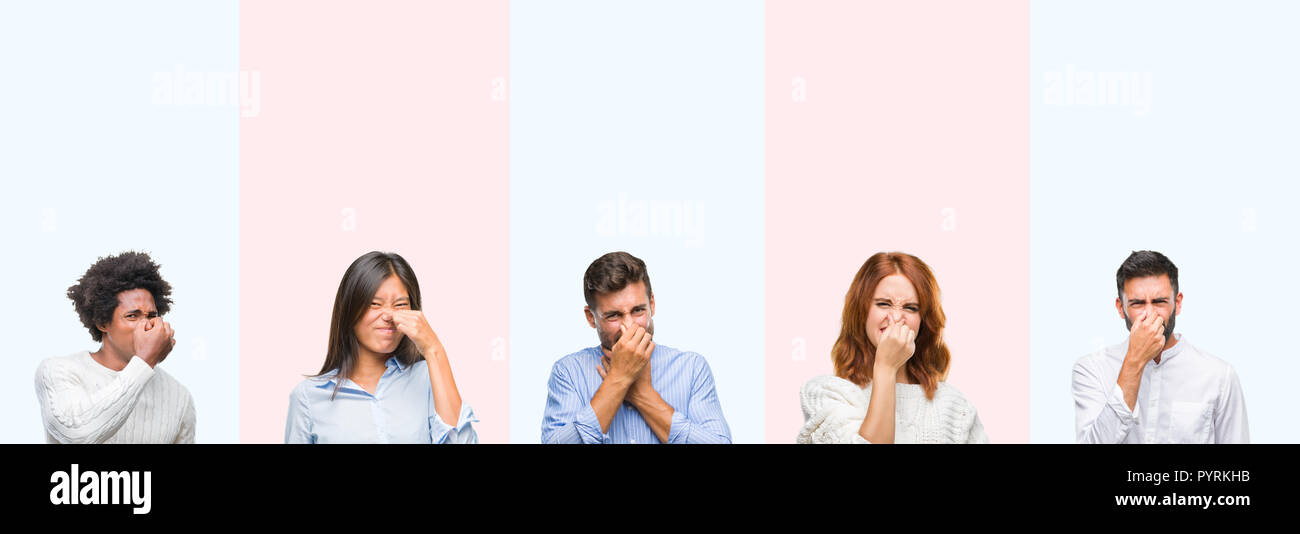 Collage of group of young people over colorful isolated background ...