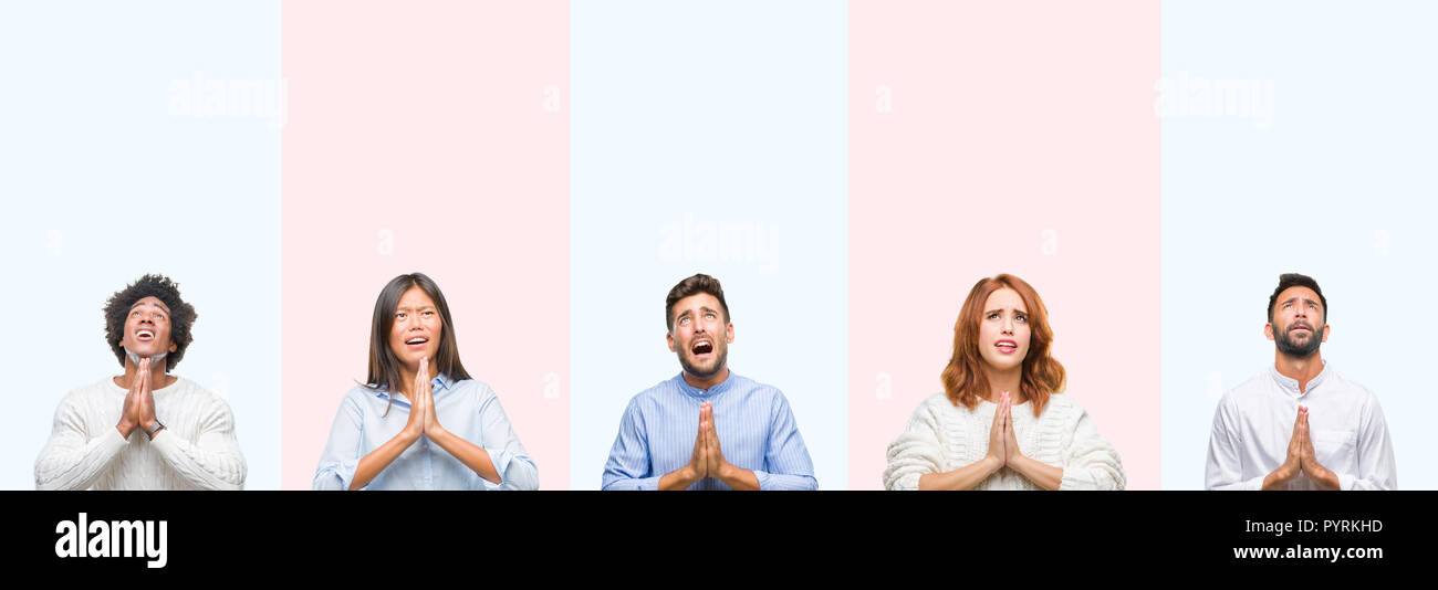 Collage of group of young people over colorful isolated background ...