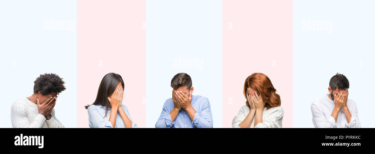 Collage of group of young people over colorful isolated background with ...