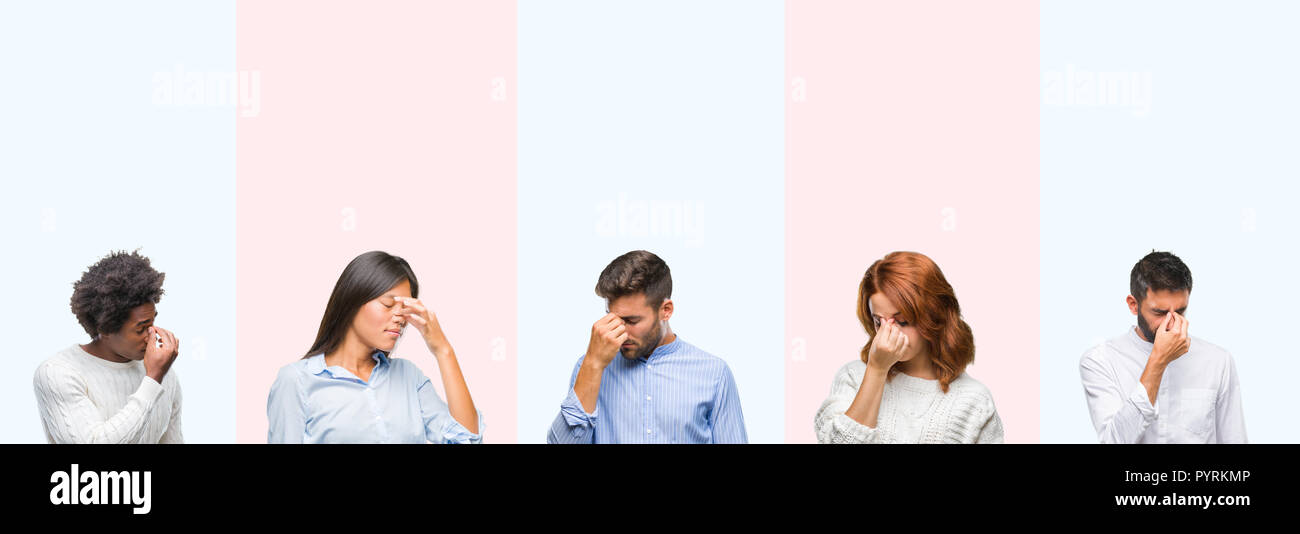 Collage of group of young people over colorful isolated background ...