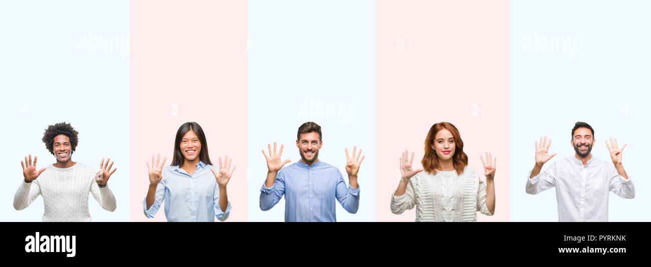 Collage of group of young people over colorful isolated background ...