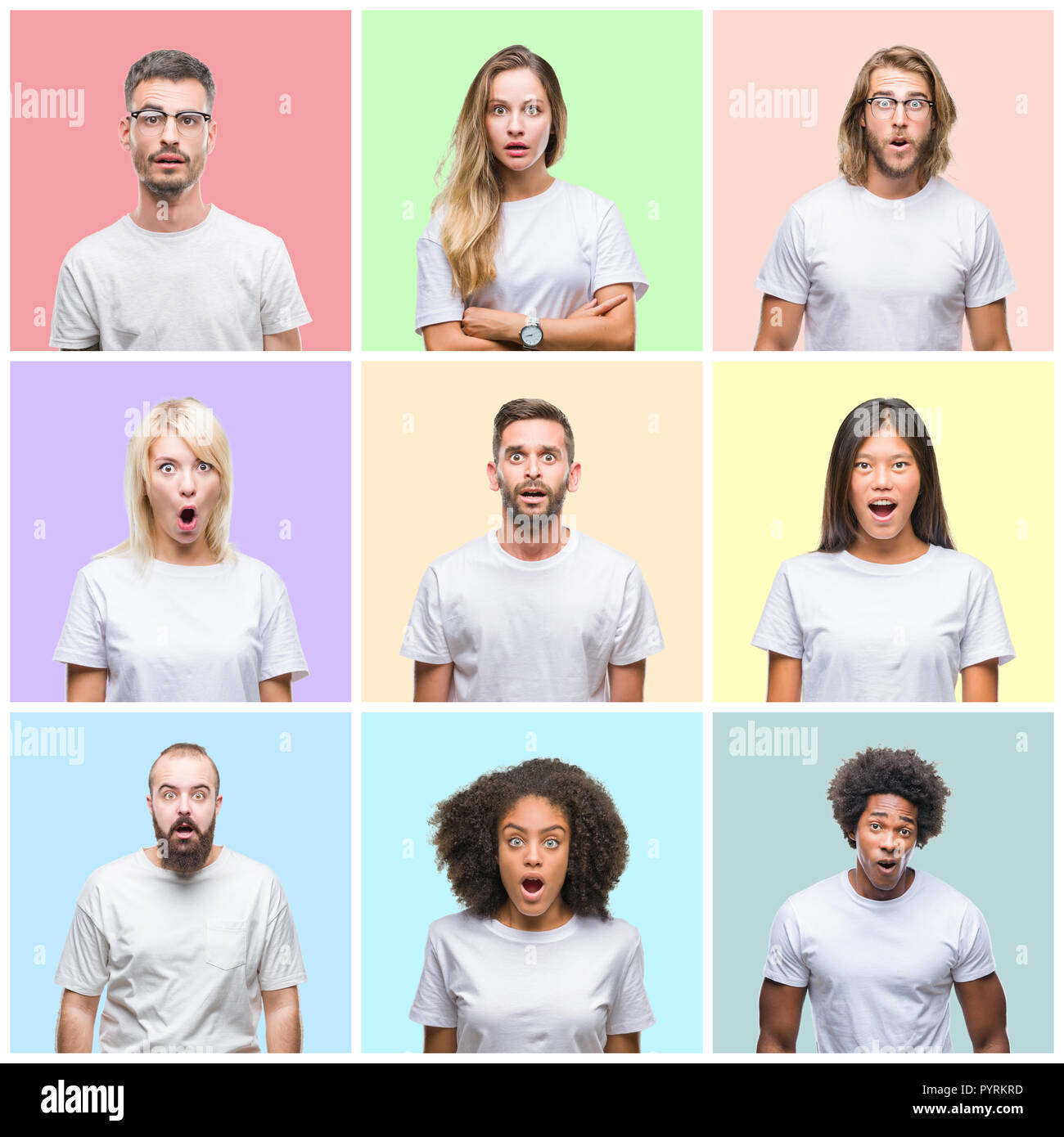 Collage of group people, women and men over colorful isolated ...