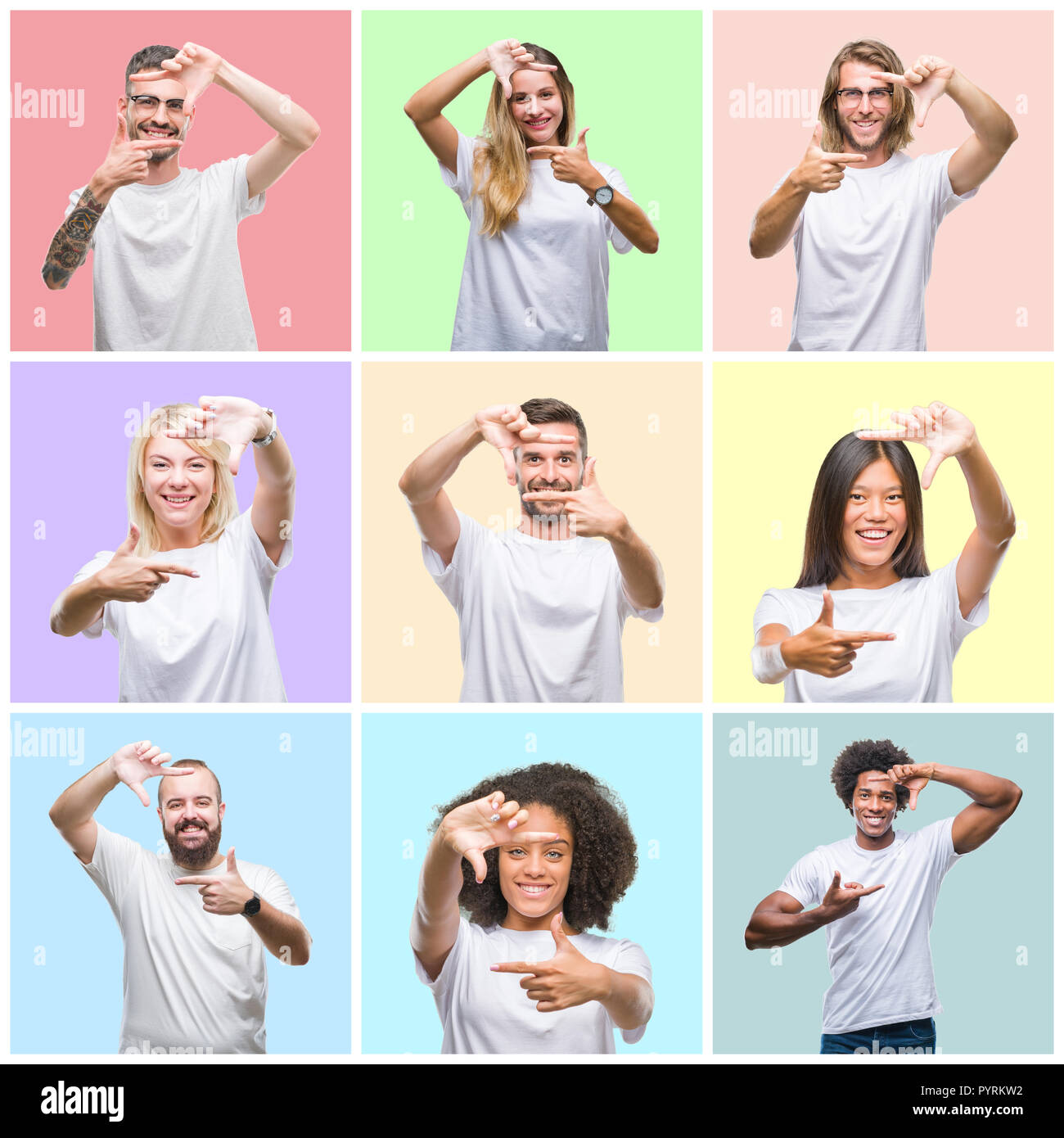 Collage of group people, women and men over colorful isolated ...