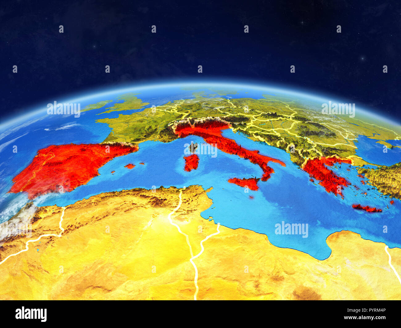 Southern Europe on planet Earth with country borders and highly ...