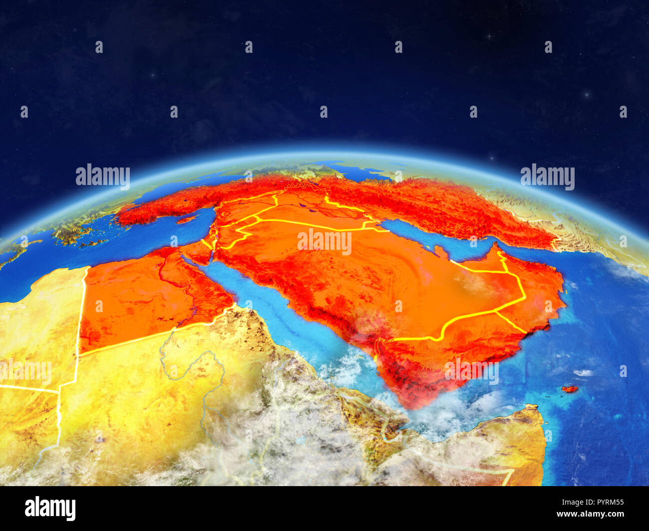 Middle East on planet Earth with country borders and highly detailed ...