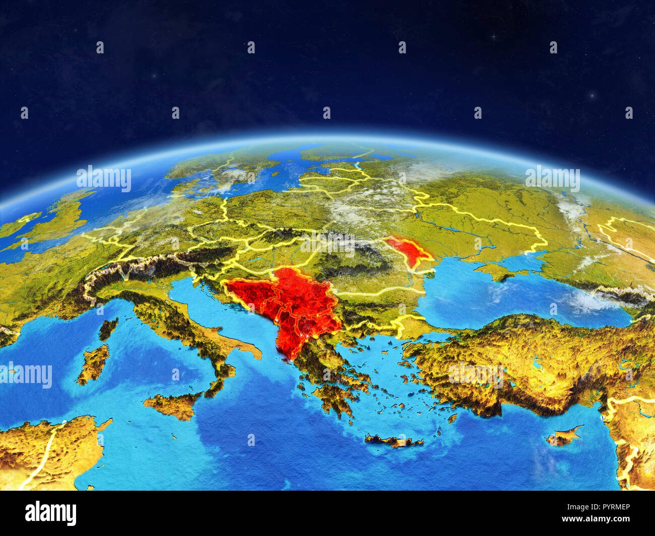 CEFTA countries on planet Earth with country borders and highly ...