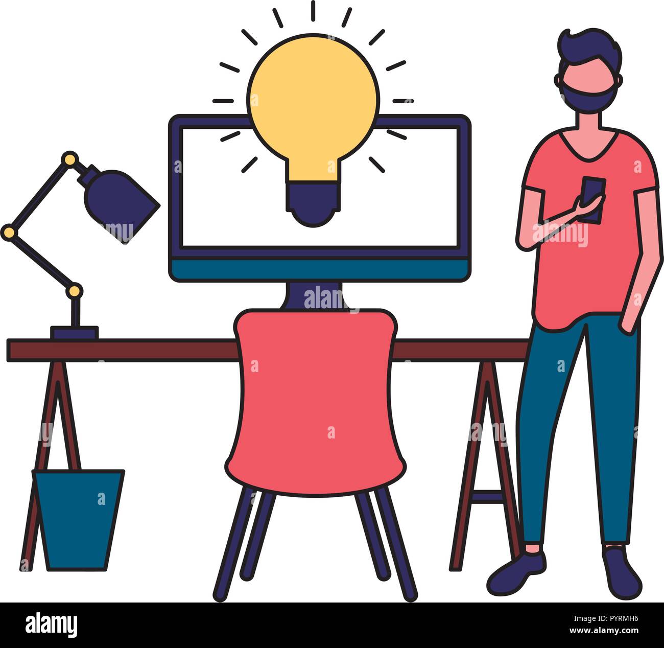 designer man with mobile computer workplace Stock Vector Image & Art ...