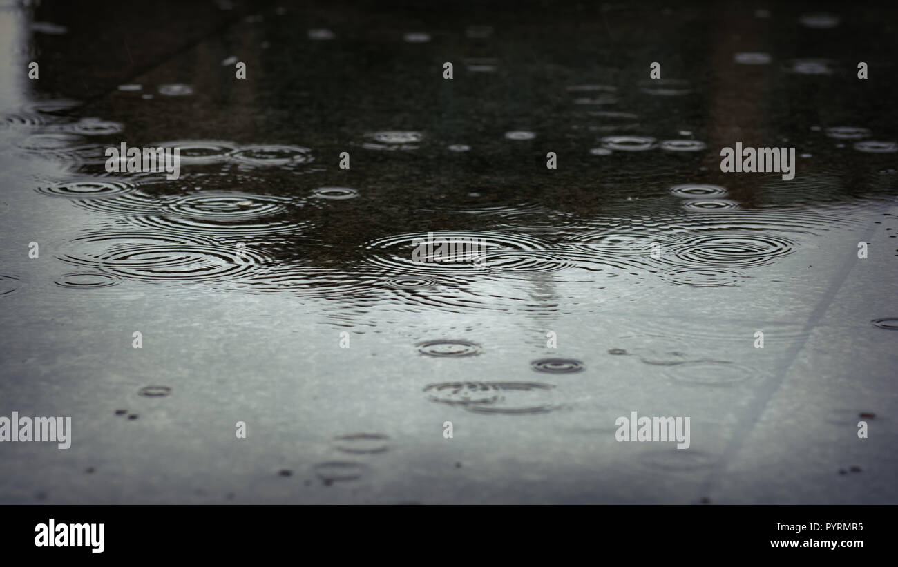 Splashes and raindrops in a puddle Stock Photo - Alamy
