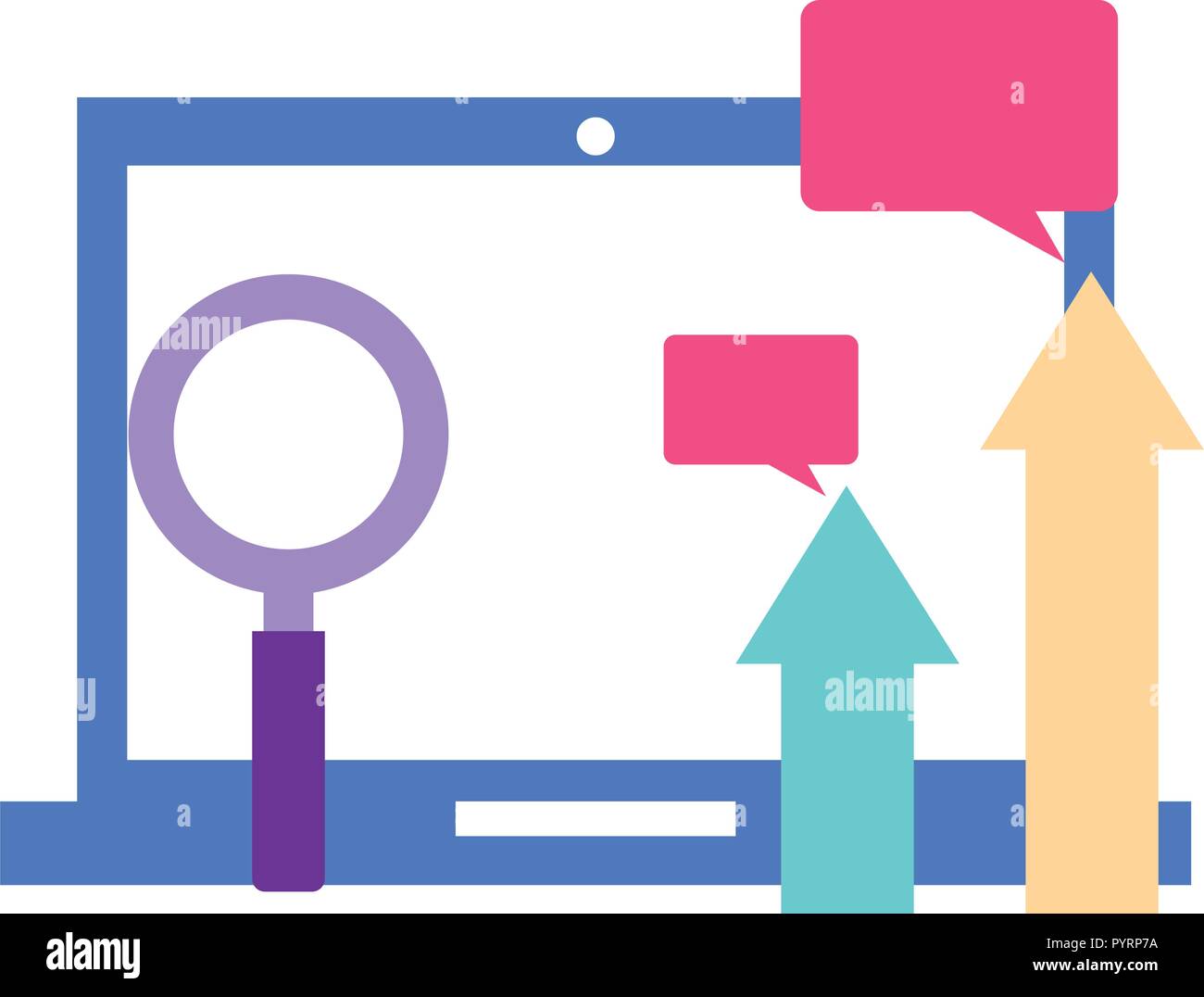 laptop computer arrows magnifying glass speech bubble Stock Vector ...