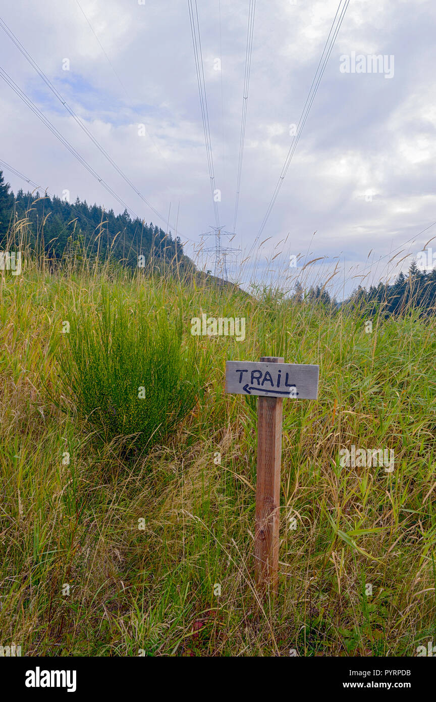 Trail Sign and Power Lines Stock Photo - Alamy