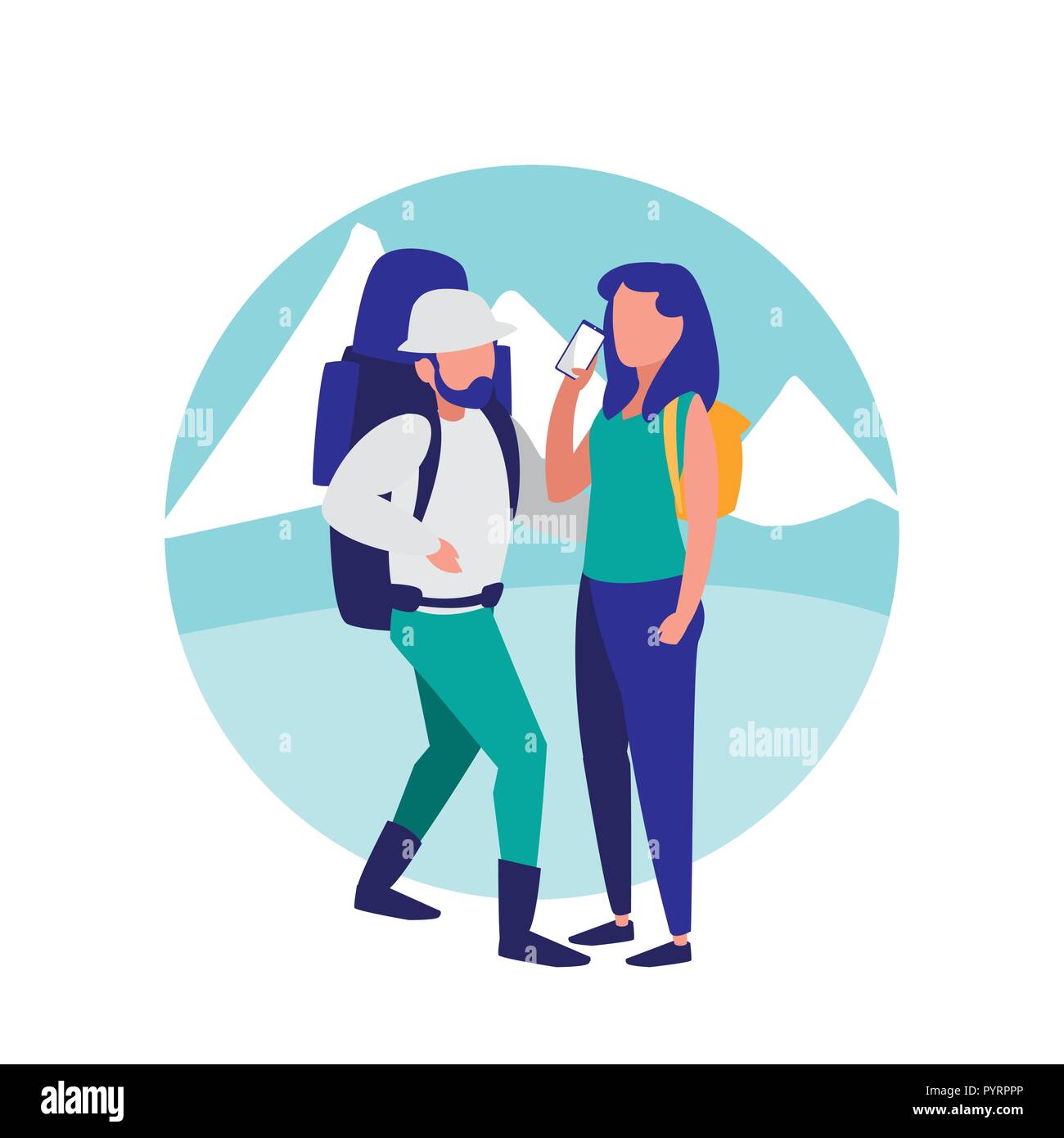 couple with climbing bag and smartphone vector illustration Stock ...