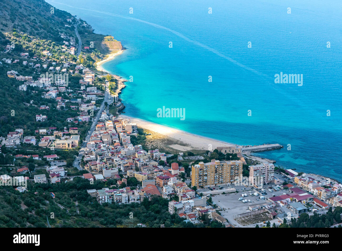 Aerial view of the Vergine Maria Beach in Palermo city, Sicily, Italy ...