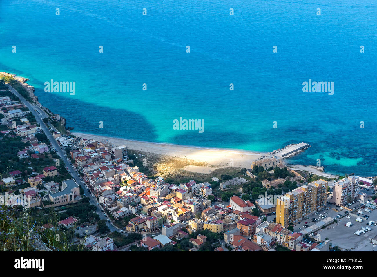 Aerial view of the Vergine Maria Beach in Palermo city, Sicily, Italy ...