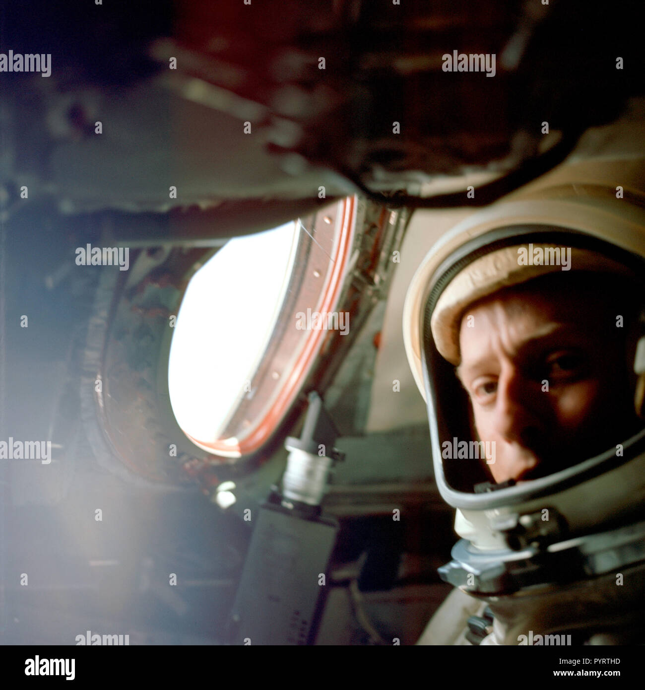 (21-29 Aug. 1965) --- Astronaut Charles Conrad Jr. inside the Gemini-5 ...