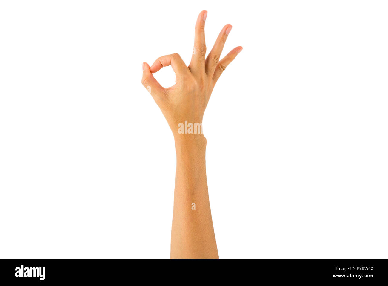 Asian female hand showing fingers means agree,okay,allow on white ...