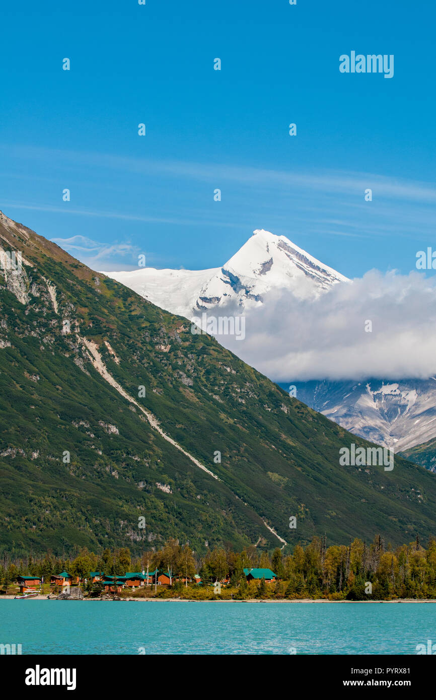 Redoubt Mountain Lodge on Crescent Lake with Mount Redoubt, Lake Clark ...
