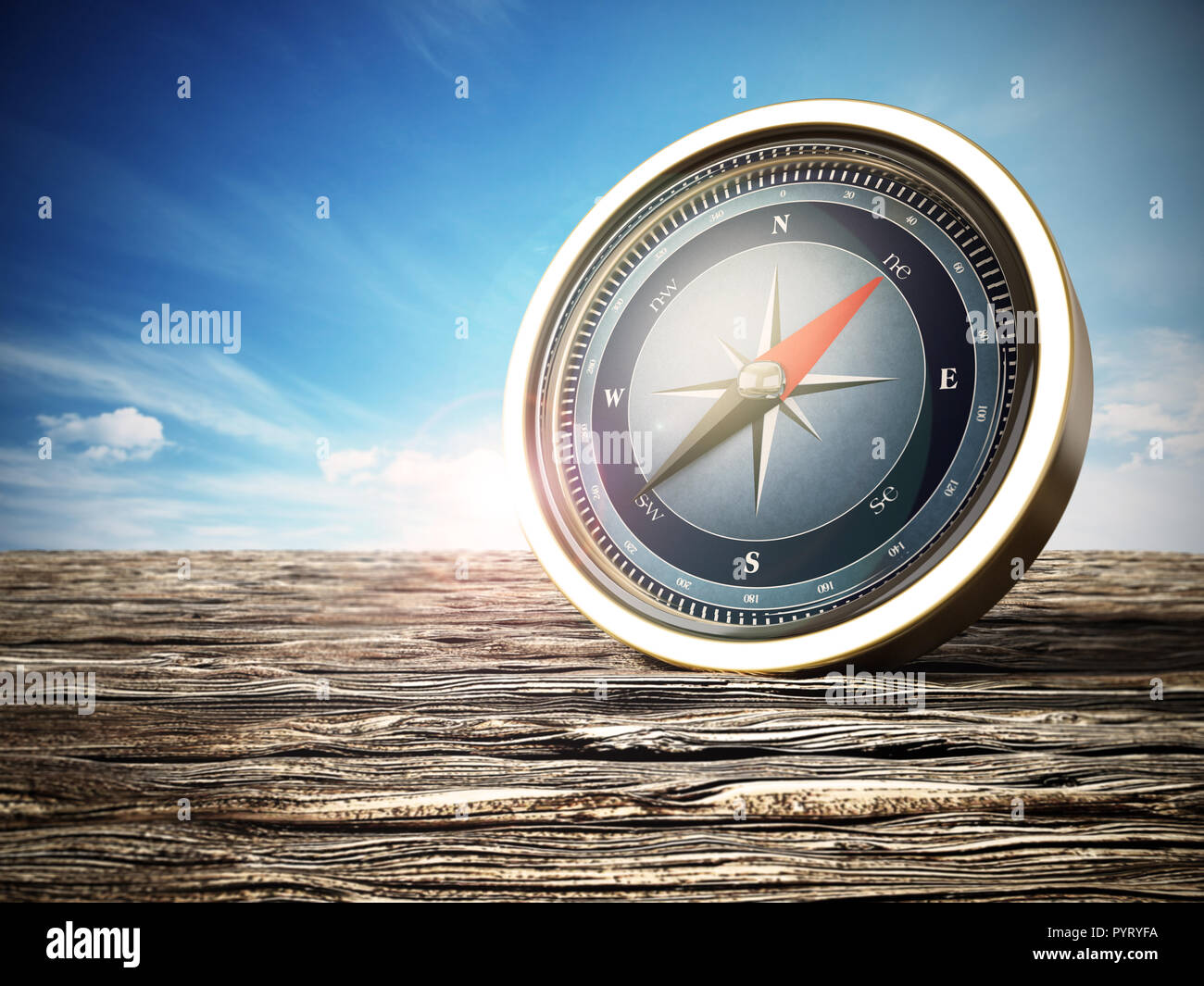 Vintage compass standing on old wood. 3D illustration Stock Photo - Alamy
