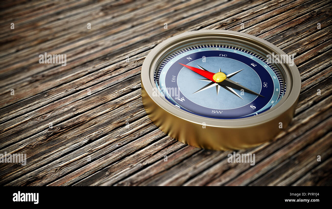 Vintage compass standing on old wood. 3D illustration Stock Photo - Alamy