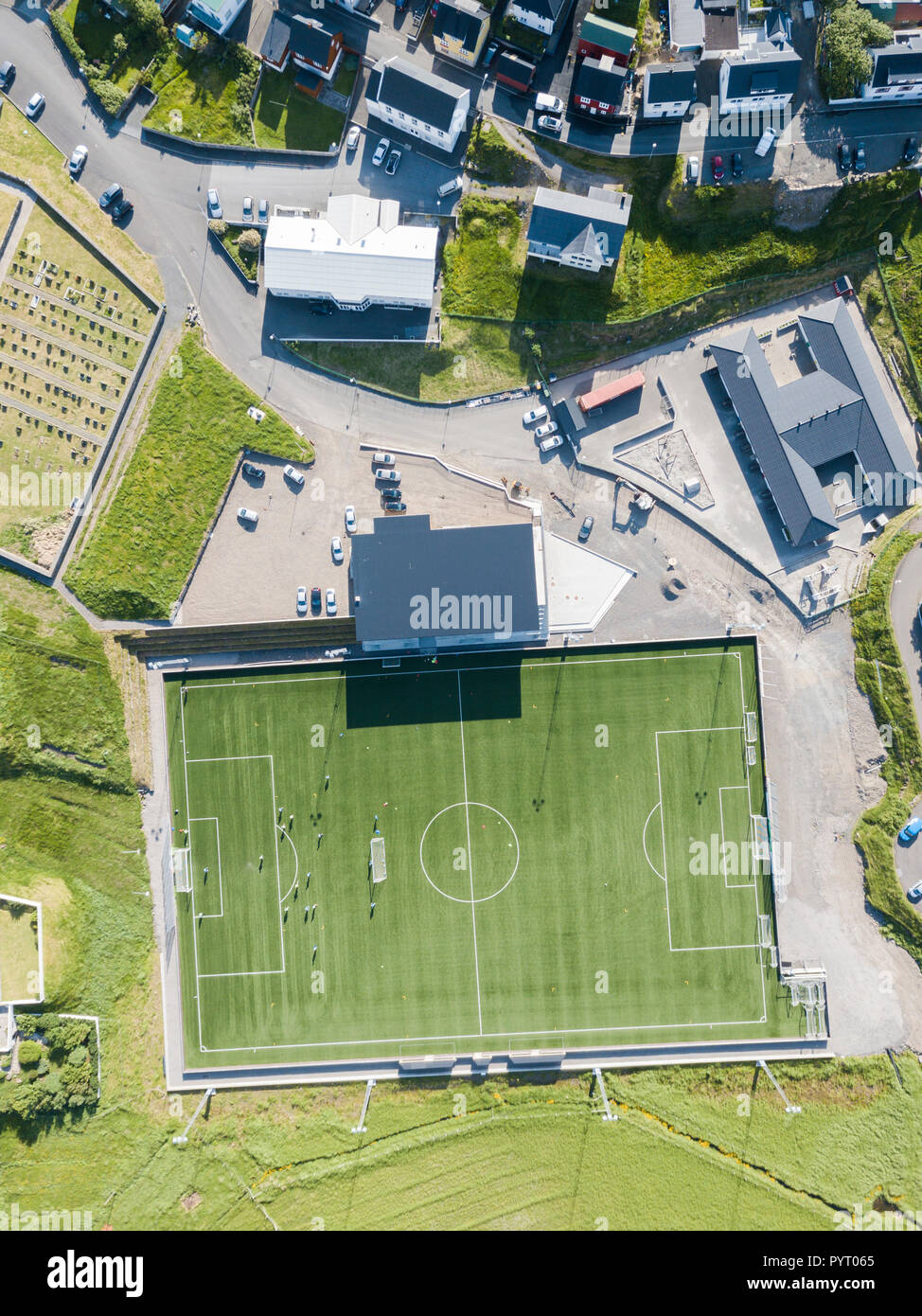 Aerial view of soccer field, Eidi, Eysturoy island, Faroe Islands ...